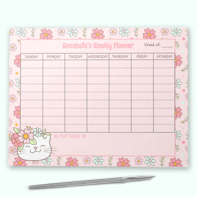 Weekly Planner Cute Cat Pink Floral Name Tear Away Notepad | Zazzle
