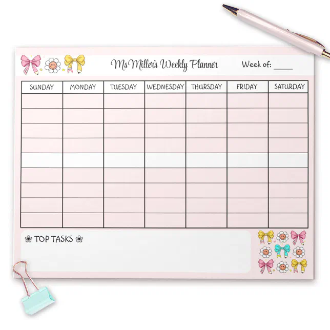 Weekly Planner Cute School Teacher Name Tear Away Notepad | Zazzle