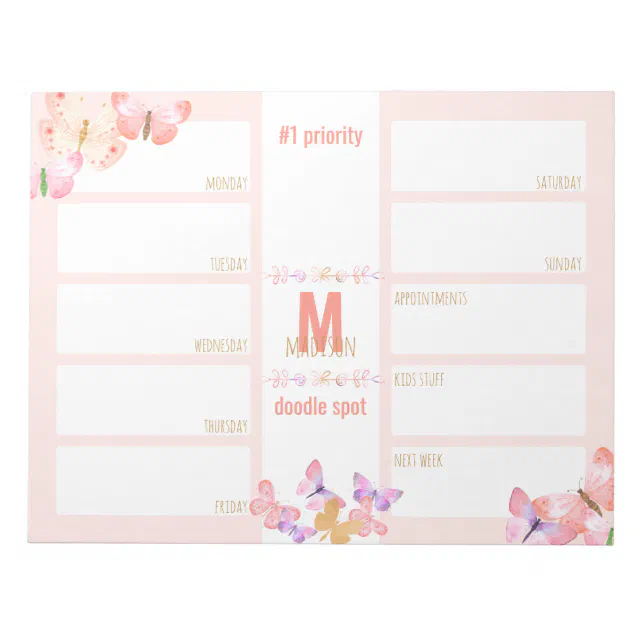 Weekly Planner Daily To Do Butterflies Monogram Notepad | Zazzle