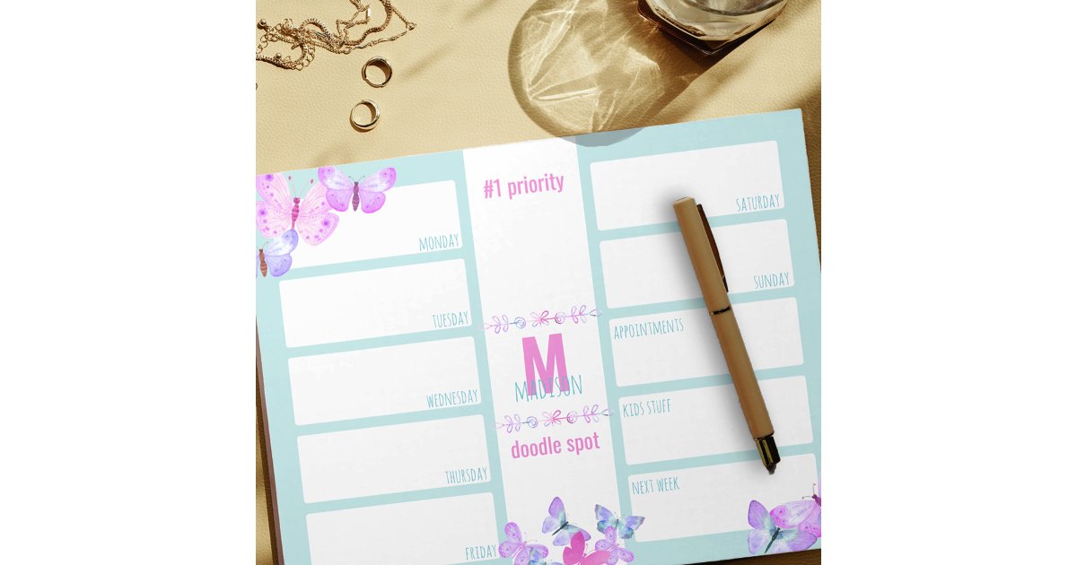 Weekly Planner Daily To Do Pink Butterfly Monogram Notepad | Zazzle