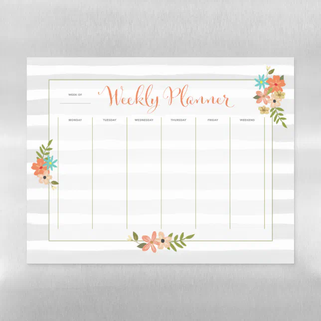 Weekly Planner Grey Stripe Floral Magnetic Dry Erase Sheet | Zazzle
