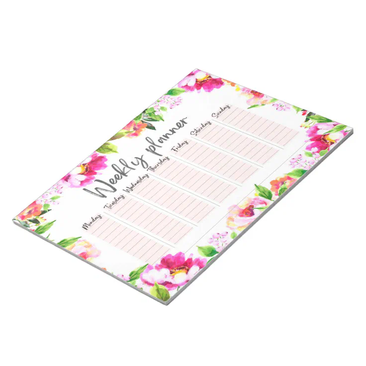 Weekly Planner in Bright Watercolor Floral Design Notepad | Zazzle