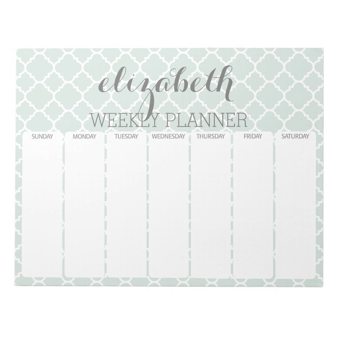 Weekly Planner Mint & Gray Quatrefoil Pattern Notepad | Zazzle