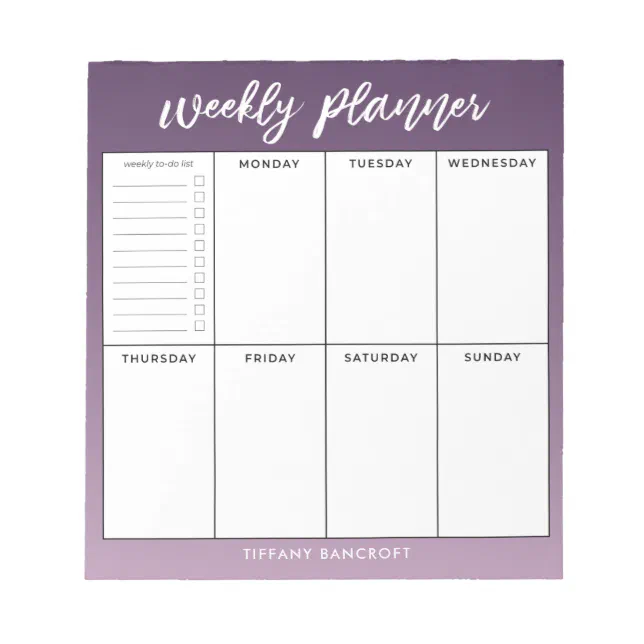 Weekly Planner Modern Script Purple Ombre Notepad | Zazzle