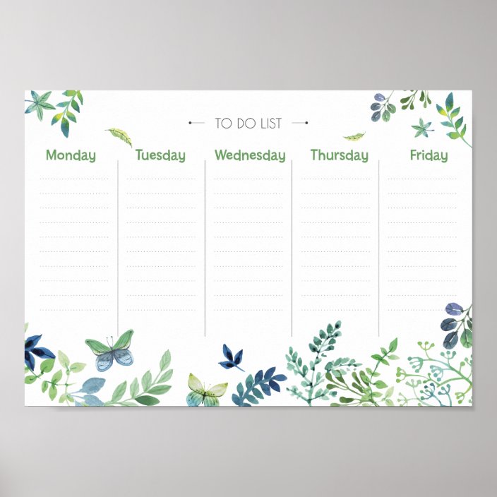 Weekly Planner to do list green watercolor floral Poster | Zazzle