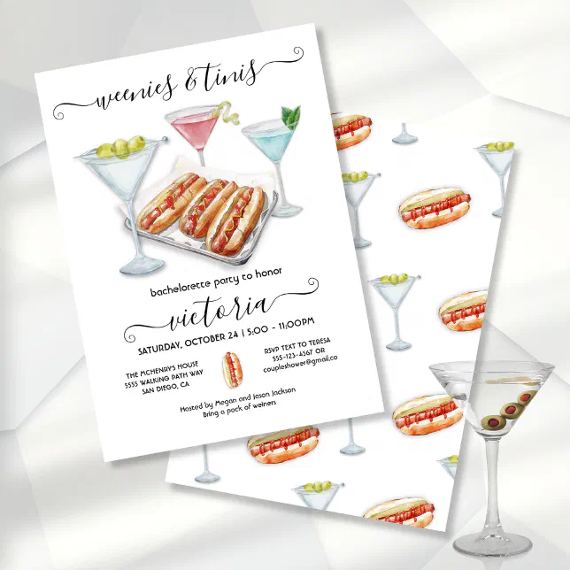 Weenies & Tinis Bachelorette Birthday Invitation | Zazzle