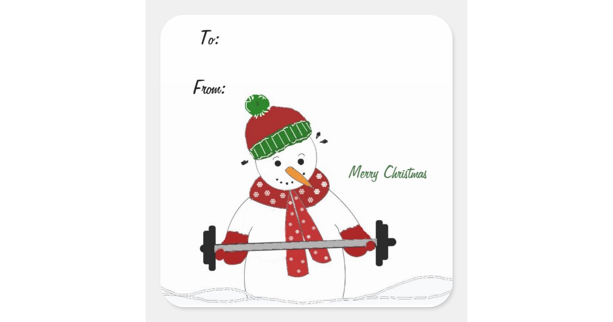 Weight Lifting Snowman Square Sticker | Zazzle