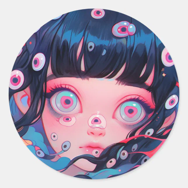 Weird Creepy Cute Anime Girl Classic Round Sticker | Zazzle