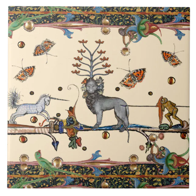 WEIRD MEDIEVAL BESTIARY,APOCALIYPTIC BEAST,UNICORN CERAMIC TILE | Zazzle