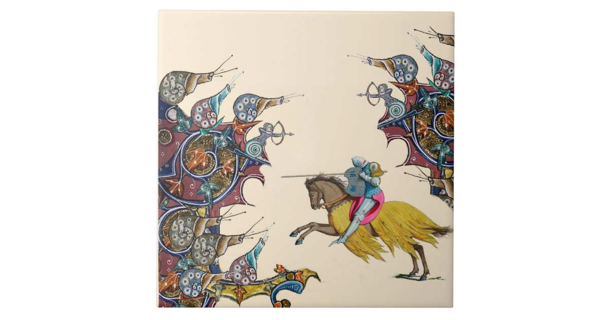 WEIRD MEDIEVAL BESTIARY Knight Fights Giant Snails Ceramic Tile | Zazzle