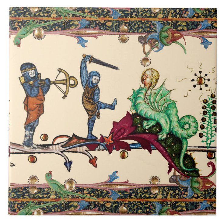 WEIRD MEDIEVAL BESTIARY ,KNIGHTS AND HYBRID DRAGON CERAMIC TILE | Zazzle