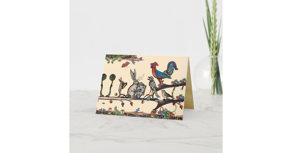 WEIRD MEDIEVAL BESTIARY MAKING MUSIC,Rabbit,Birds Holiday Card | Zazzle
