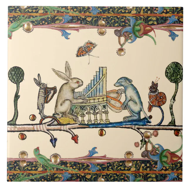 WEIRD MEDIEVAL BESTIARY MAKING MUSIC,Rabbit, Dog Ceramic Tile | Zazzle