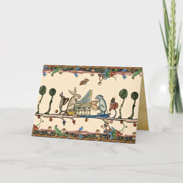 WEIRD MEDIEVAL BESTIARY MAKING MUSIC,Rabbit, Dog Holiday Card | Zazzle