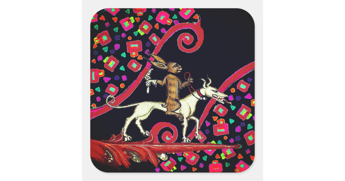 WEIRD MEDIEVAL BESTIARY Rabbit Riding a White Dog Square Sticker | Zazzle