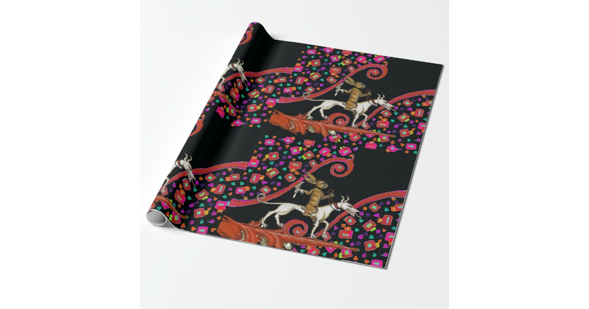 WEIRD MEDIEVAL BESTIARY Rabbit Riding a White Dog Wrapping Paper | Zazzle