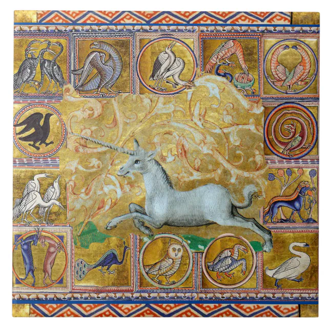 WEIRD MEDIEVAL BESTIARY,UNICORN RUN,FOREST ANIMALS CERAMIC TILE | Zazzle