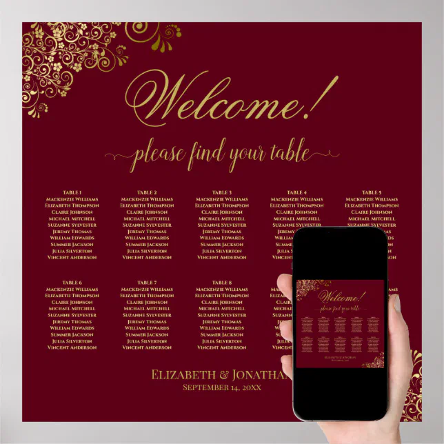 Welcome! 10 Table Gold on Burgundy Seating Chart | Zazzle