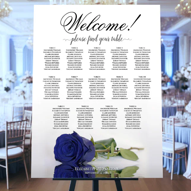 Welcome! 14 Table Navy Blue Rose Seating Chart Foam Board | Zazzle
