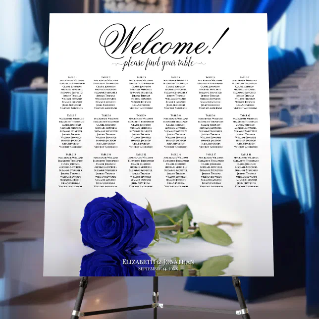 Welcome! 18 Table Royal Blue Rose Seating Chart Foam Board | Zazzle