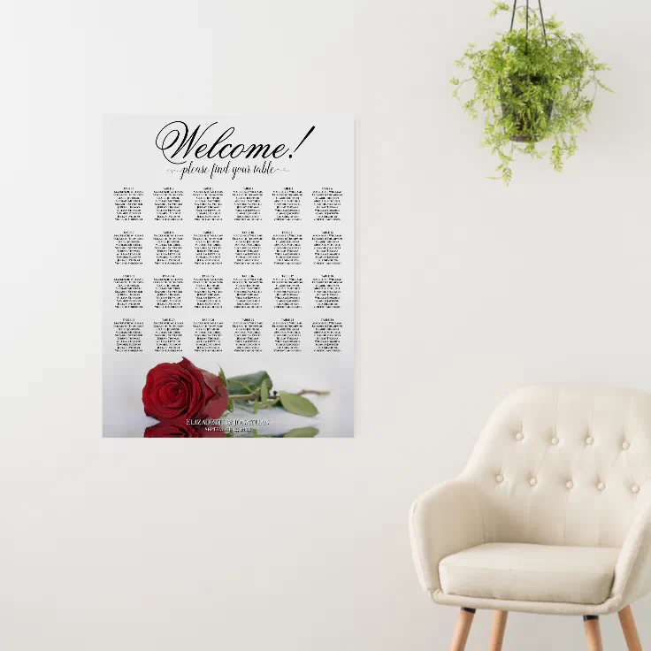 Welcome! 24 Table Red Rose Wedding Seating Chart Foam Board | Zazzle