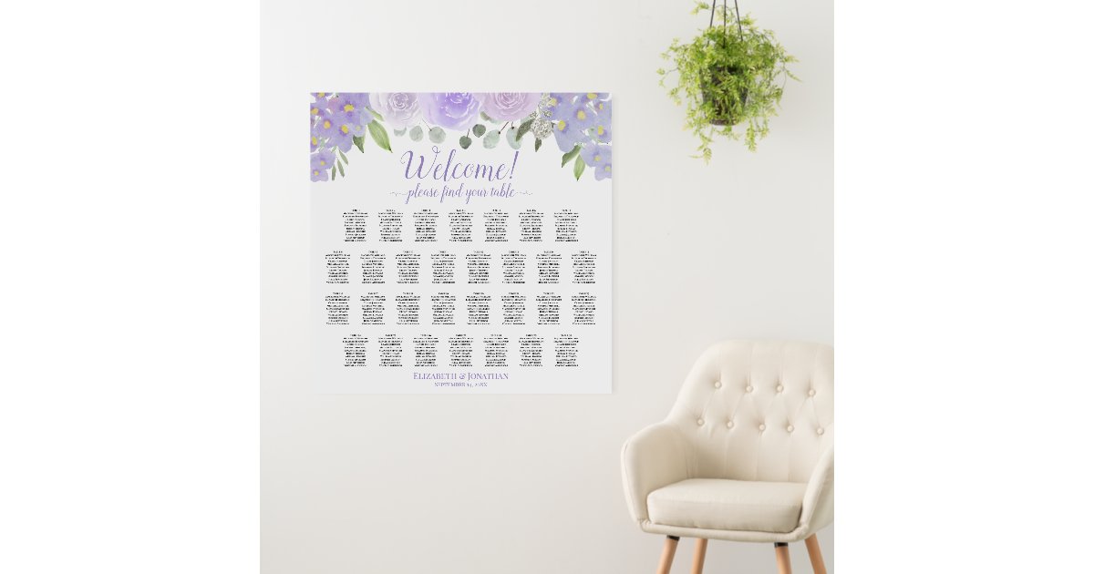 Welcome! 30 Table Lavender Floral Seating Chart Foam Board | Zazzle