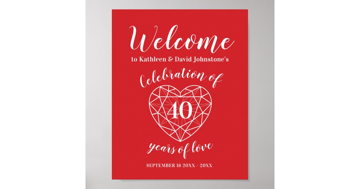 Welcome 40th ruby anniversary heart personalized poster | Zazzle