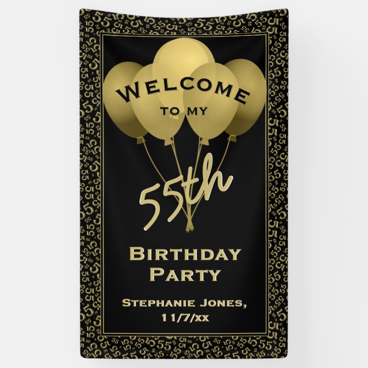 Welcome 55th Birthday Number Patten Gold and Black Banner | Zazzle
