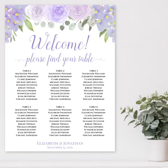 Welcome! 6 Table Lavender Roses Boho Seating Chart | Zazzle
