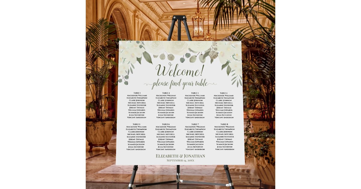 Welcome! 8 Table White Floral Boho Seating Chart Foam Board | Zazzle