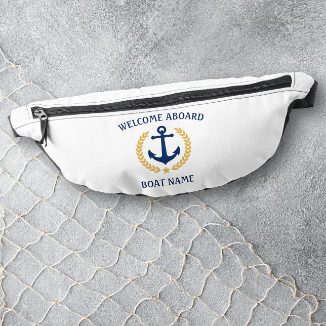 Welcome Aboard Boat Name Anchor Gold Laurel Star Fanny Pack | Zazzle