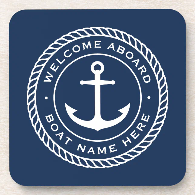 Welcome aboard boat name anchor rope border beverage coaster | Zazzle