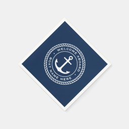 Welcome aboard boat name anchor rope border napkins | Zazzle