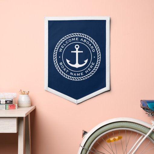 Welcome aboard boat name anchor rope border pennant | Zazzle