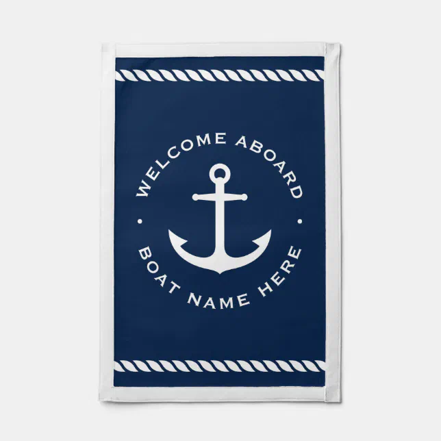 Welcome aboard boat name anchor rope dark blue pennant | Zazzle
