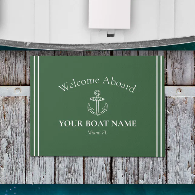 Welcome Aboard Boat Name Hunter Green Nautical ⚓ Doormat | Zazzle