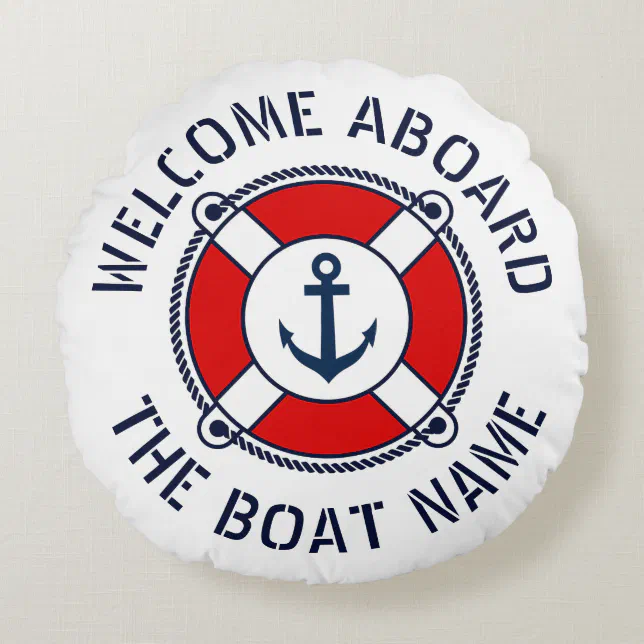 Welcome Aboard Boat Name Nautical Anchor Navy Blue Round Pillow Zazzle