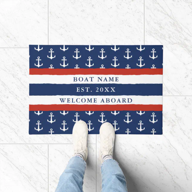 Welcome Aboard Boat Name Nautical Navy Blue Doormat | Zazzle