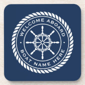 Welcome aboard boat name nautical ship's wheel beverage coaster | Zazzle