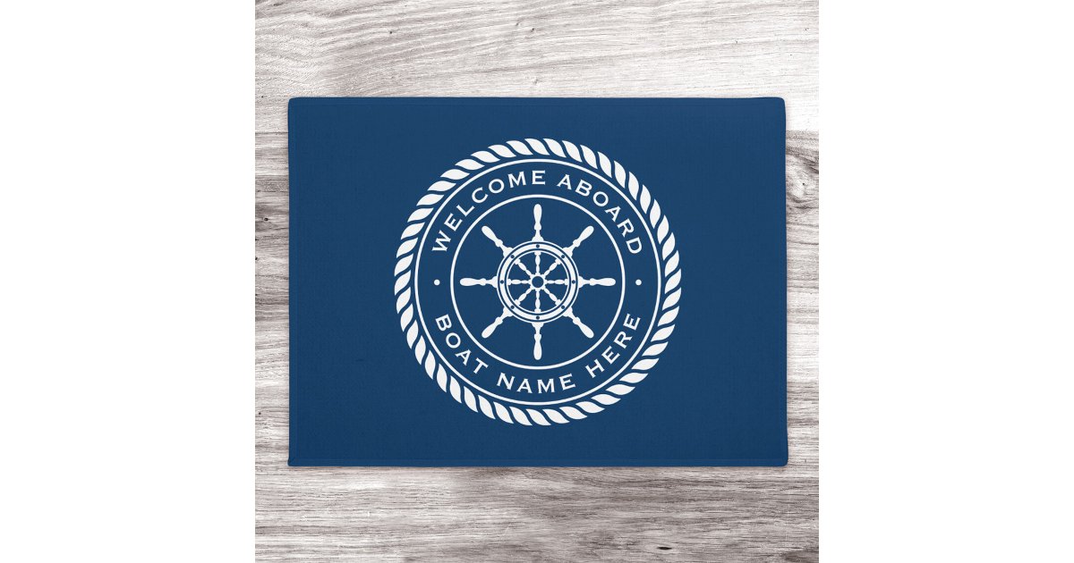 Welcome aboard boat name rope nautical ship wheel doormat | Zazzle