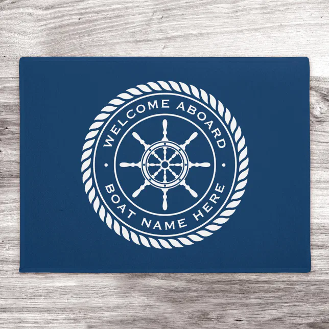 Welcome aboard boat name rope nautical ship wheel doormat | Zazzle