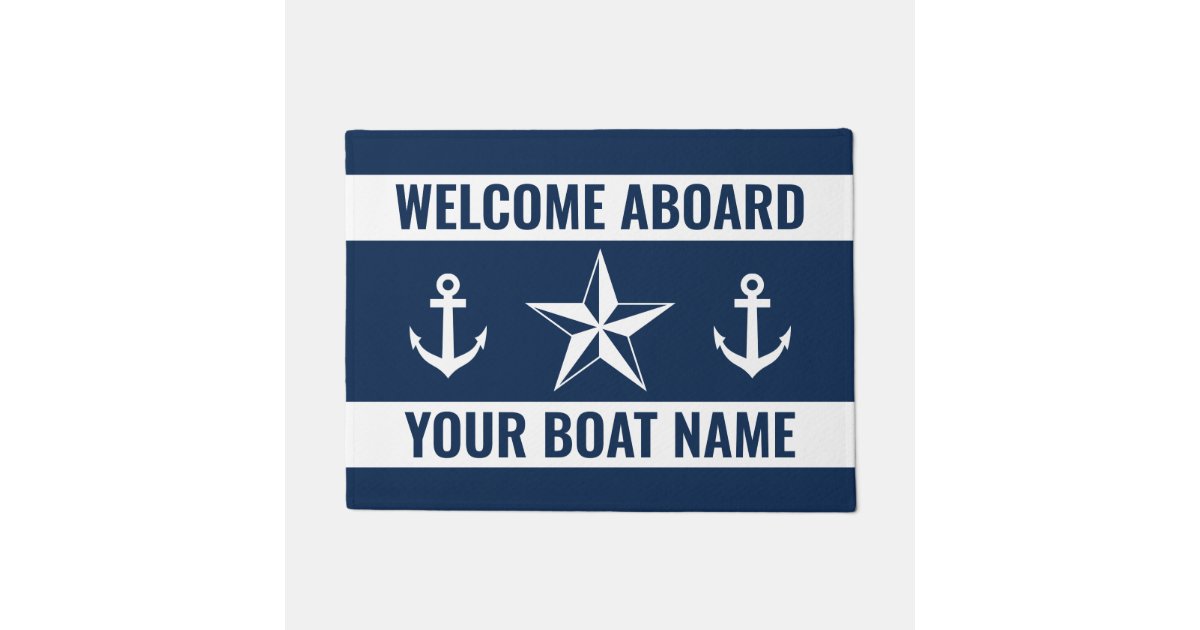Welcome aboard custom boat name nautical star icon doormat | Zazzle