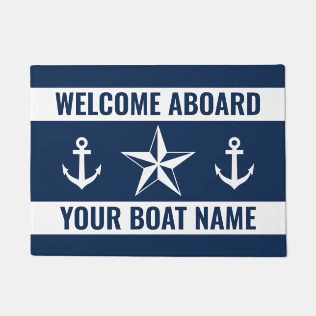 Welcome aboard custom boat name nautical star icon doormat | Zazzle