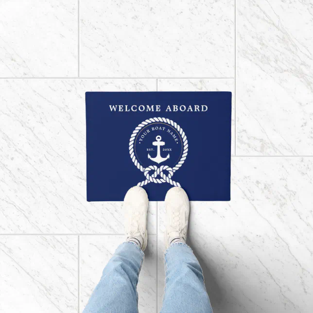 Welcome Aboard Nautical Anchor & Rope Boat Name Doormat | Zazzle