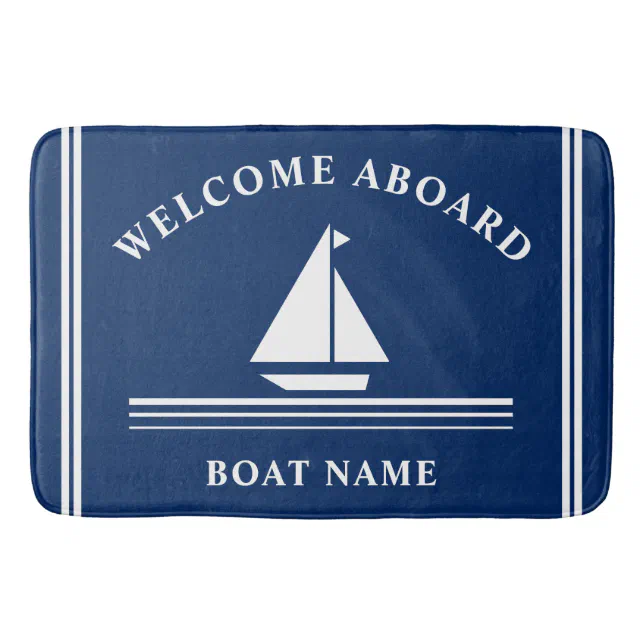 Welcome Aboard Nautical Boat Navy Blue Name Bath Mat | Zazzle