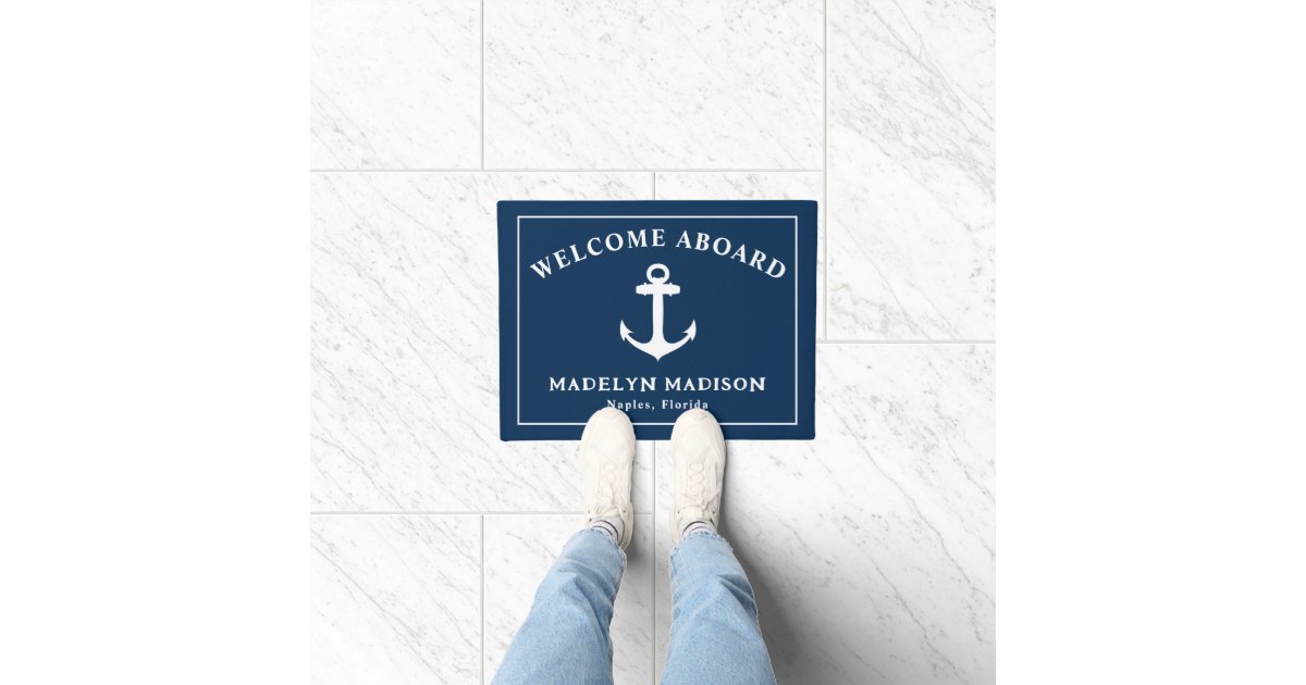 Welcome Aboard Nautical Navy Blue Boat Name Anchor Doormat | Zazzle