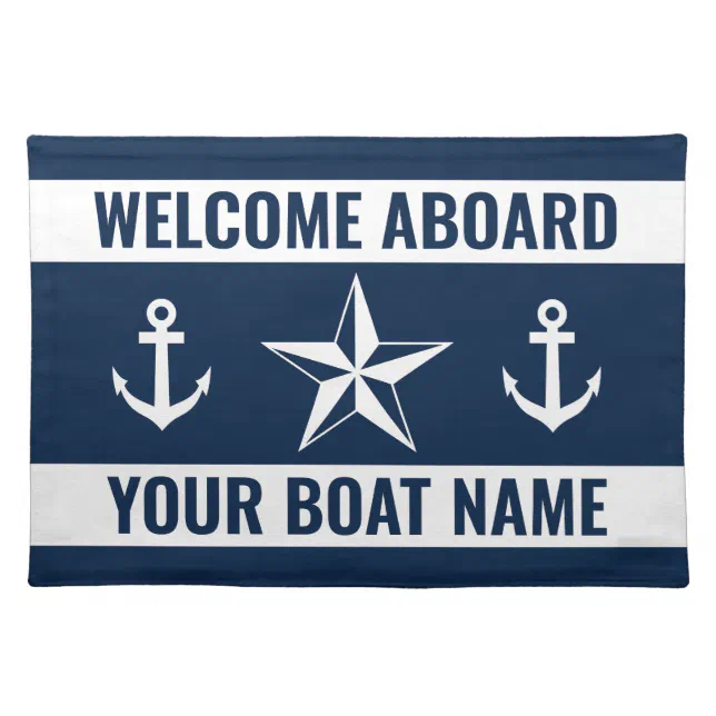 Welcome Aboard navy blue and white nautical symbol Cloth Placemat | Zazzle