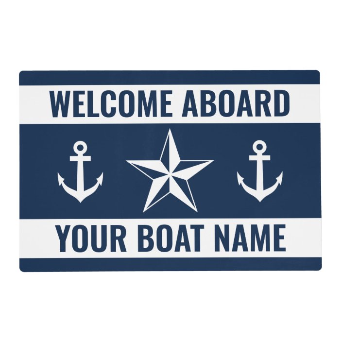 Welcome Aboard navy blue and white nautical symbol Placemat | Zazzle.com