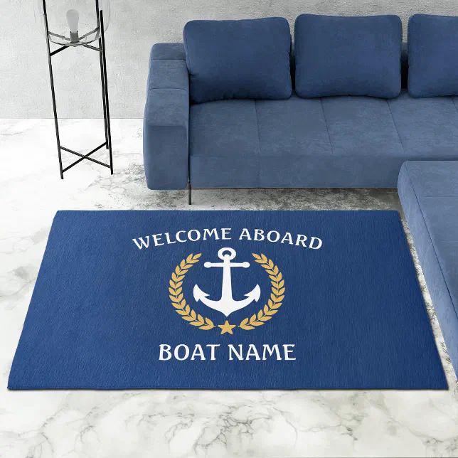 Welcome Aboard Your Boat Name Anchor Laurel Star Rug | Zazzle
