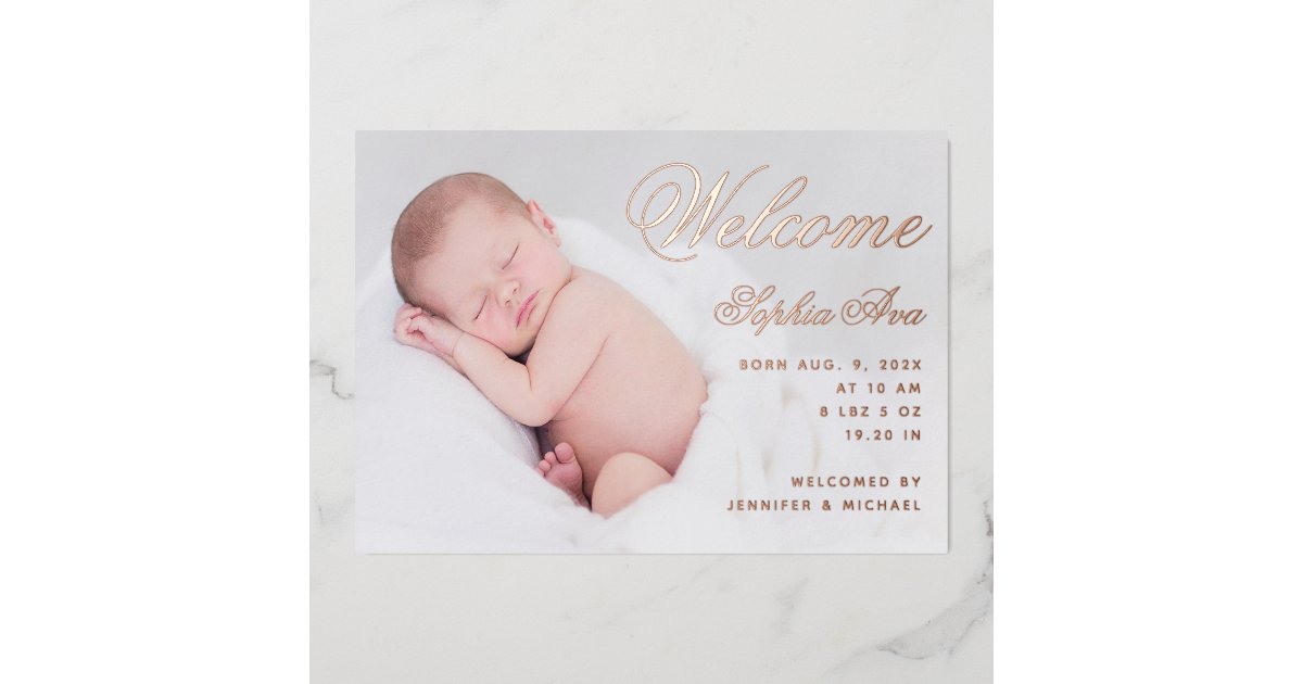 Welcome Baby Birth Photo Elegant Script Rose Gold Foil Invitation | Zazzle
